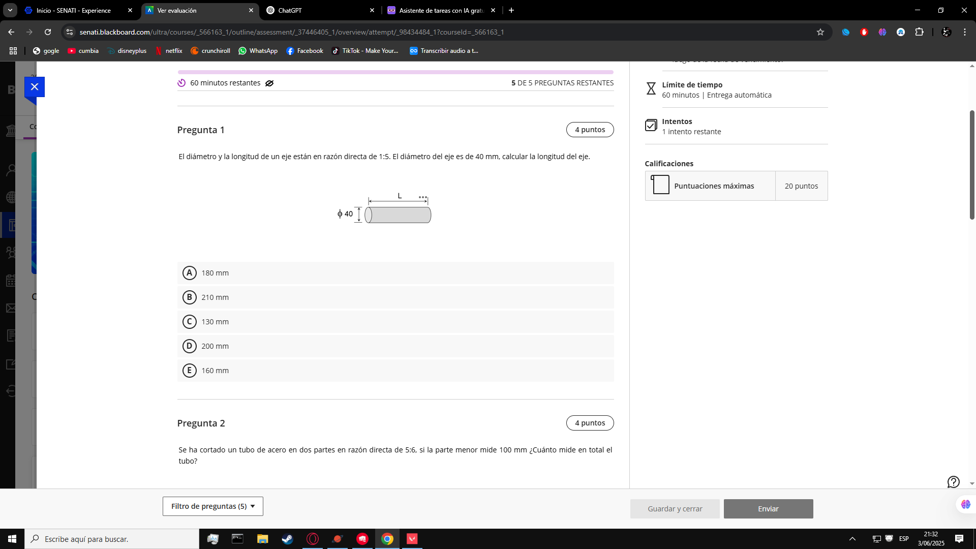 Pregunta 1 El diámetro y la longitud de un | StudyX