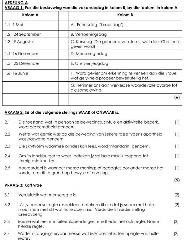 AFDELING A VRAAG 1: Pas die beskrywing van | StudyX