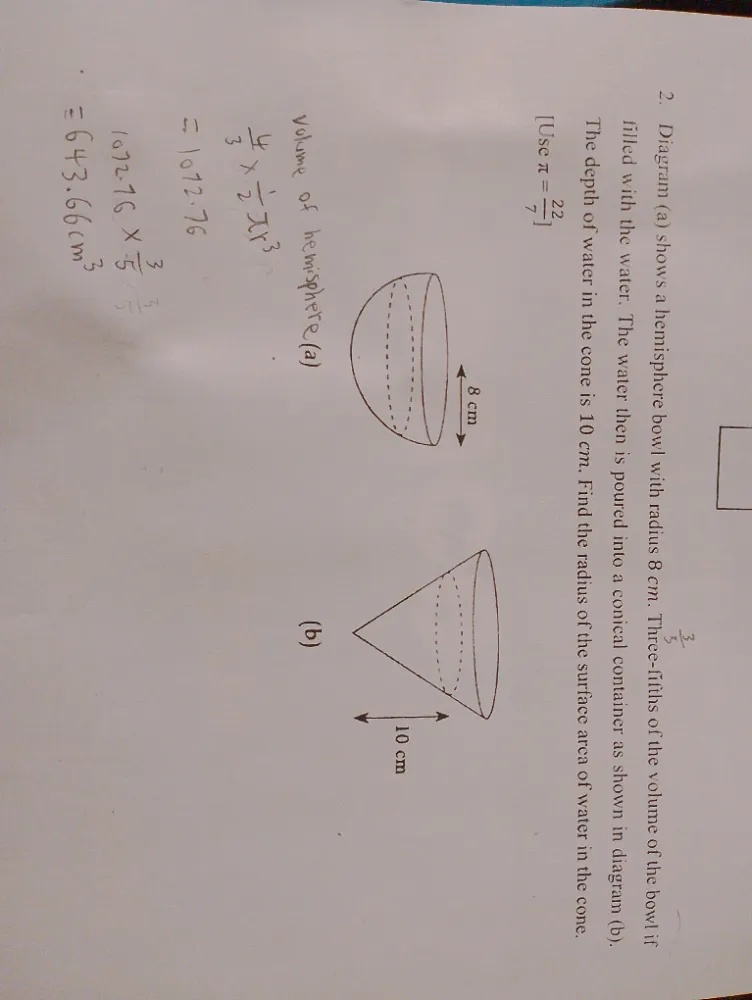2. Diagram (a) shows a hemisphere bowl with | StudyX