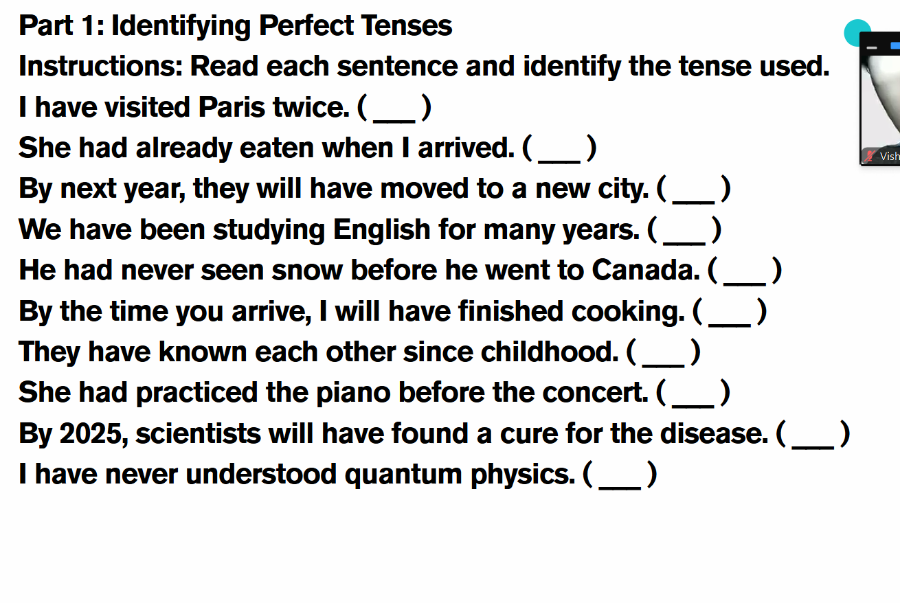 Part 1: Identifying Perfect Tenses | StudyX