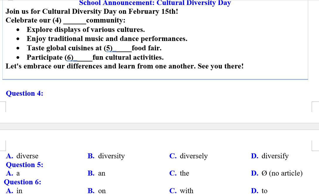 Question 4: A. diverse B. diversity C. | StudyX