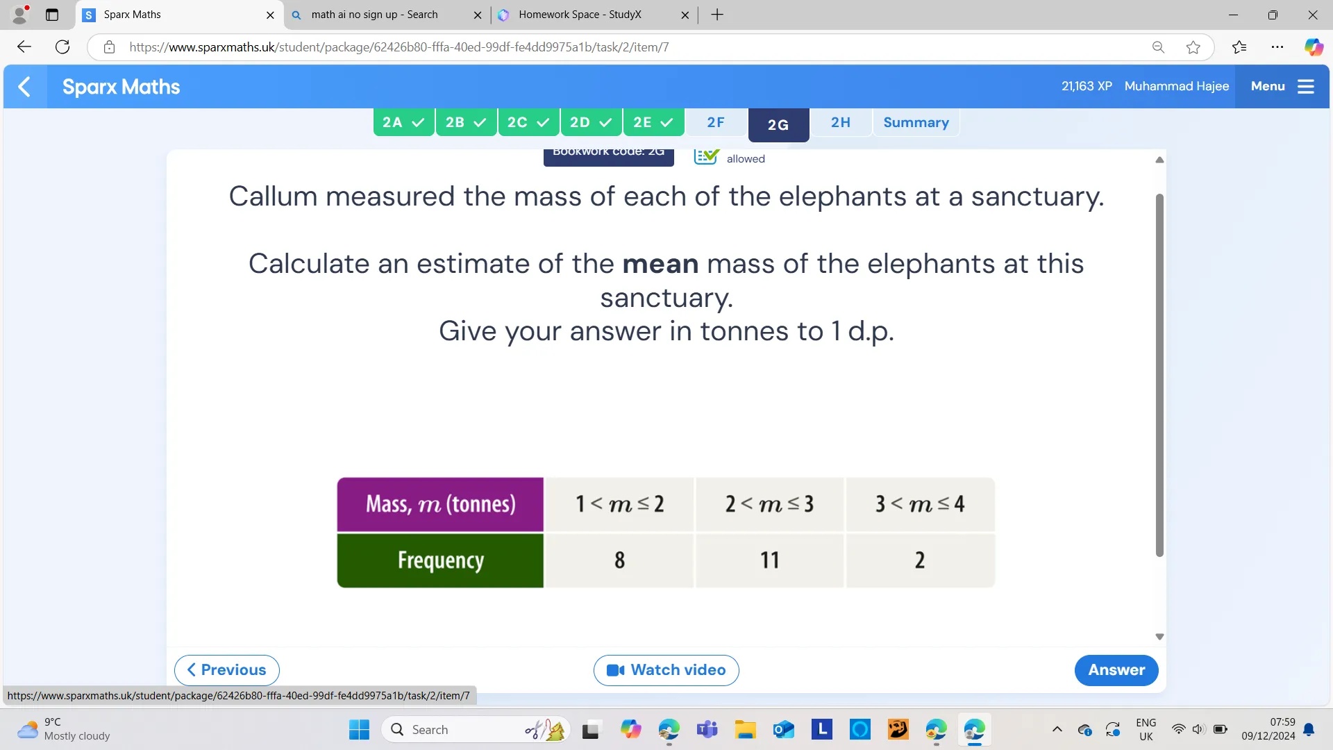 Callum measured the mass of each of the