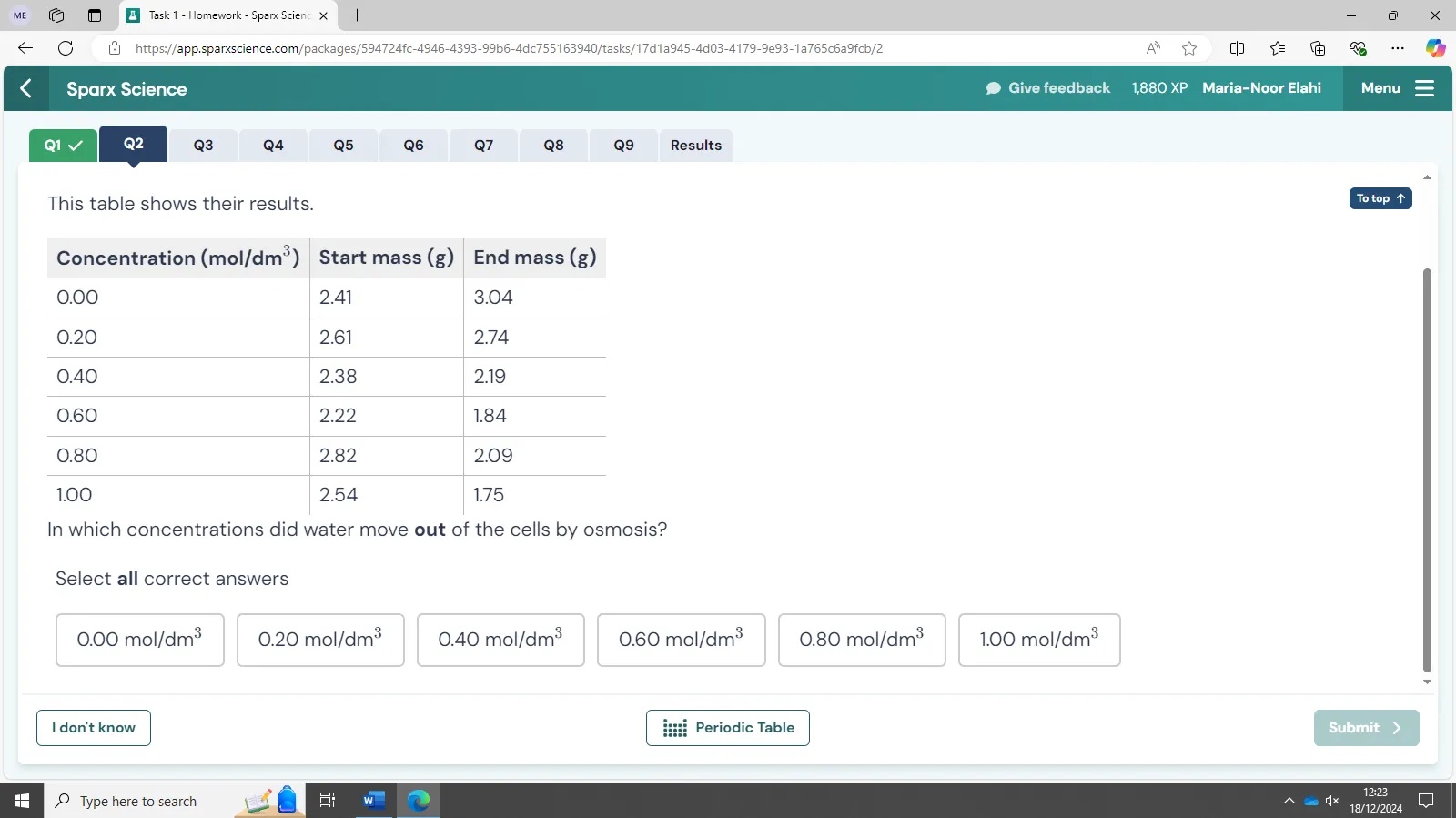 This table shows their results Concentration | StudyX
