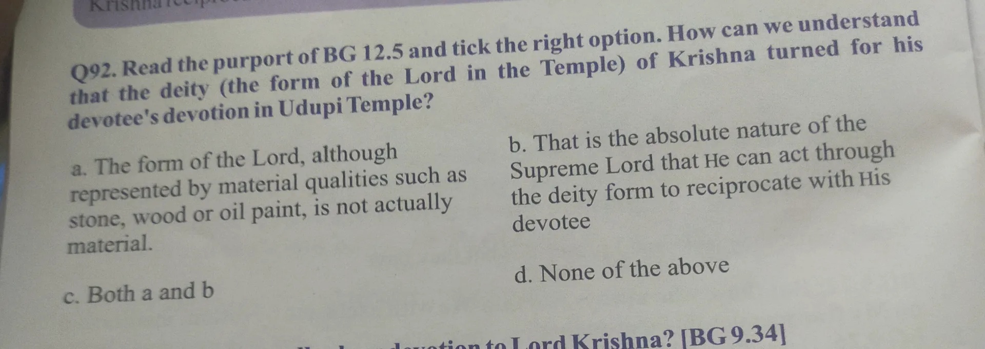 Q92 Read the purport of BG 125 and tick the | StudyX