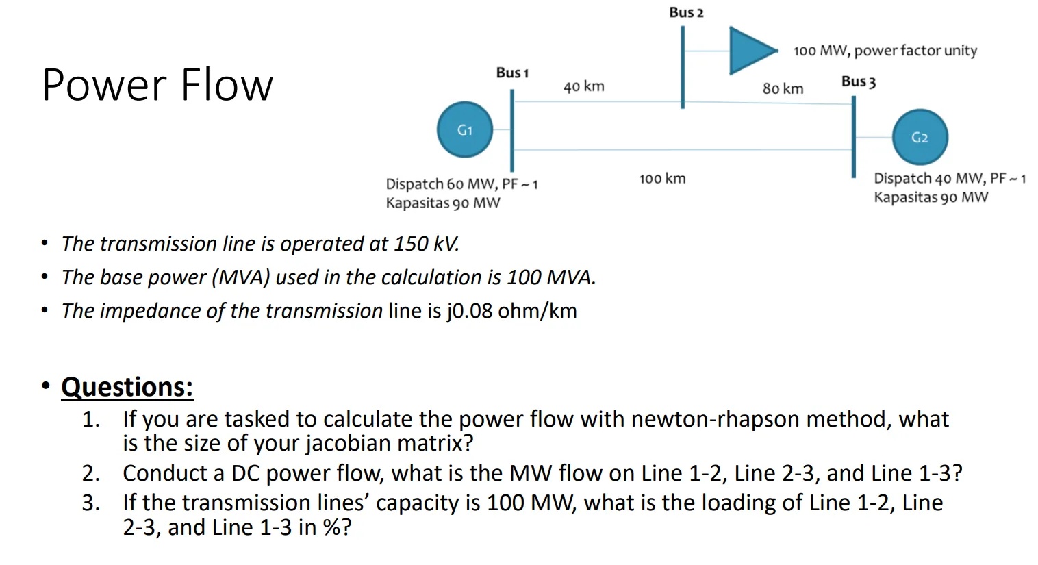 Power Flow G1 Bus 1 40 km Bus 2 100 MW power | StudyX