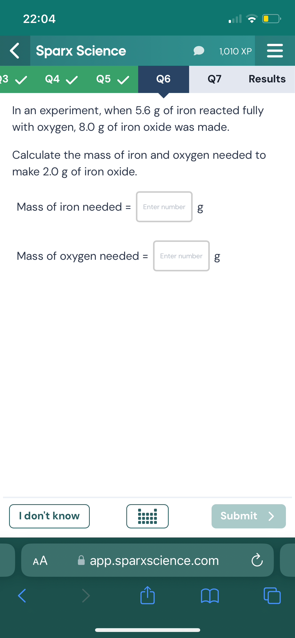In an experiment when 56 g of iron reacted | StudyX