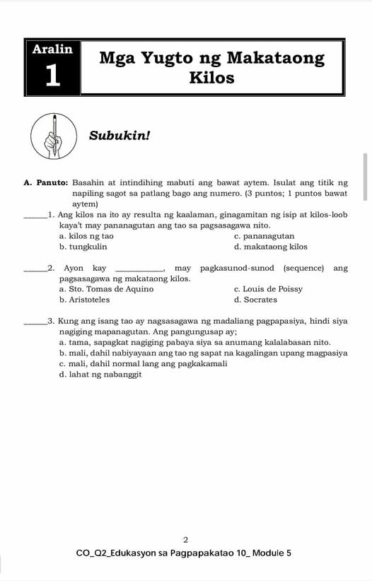 Aralin 1 Mga Yugto ng Makataong Kilos Subukin | StudyX
