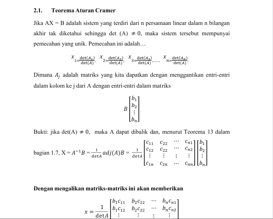 21 Teorema Aturan Cramer Jika AX = B adalah | StudyX