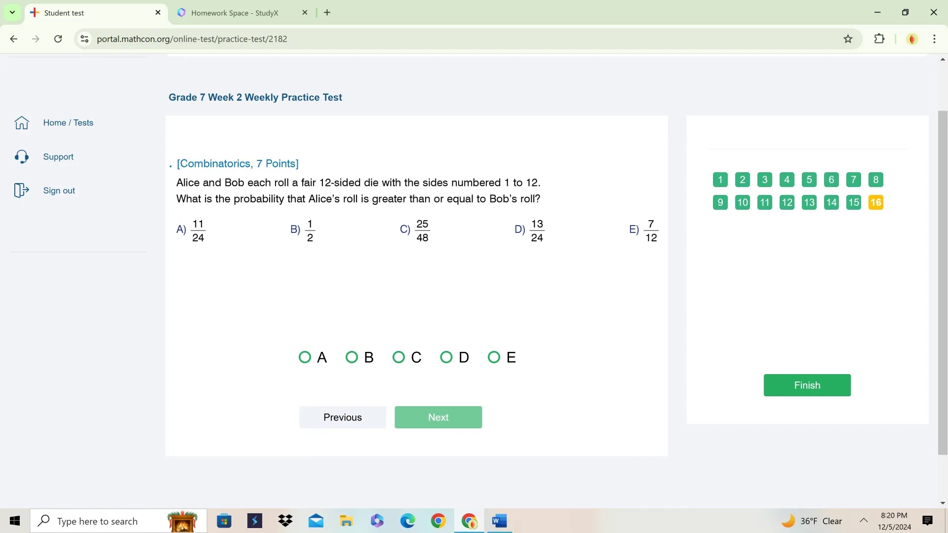 Combinatorics 7 Points Alice and Bob each | StudyX