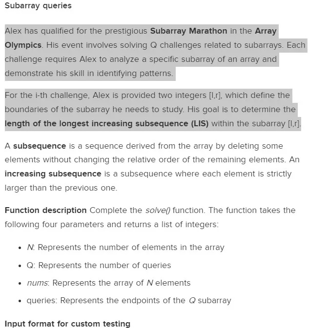 Subarray queries Alex has qualified for the | StudyX