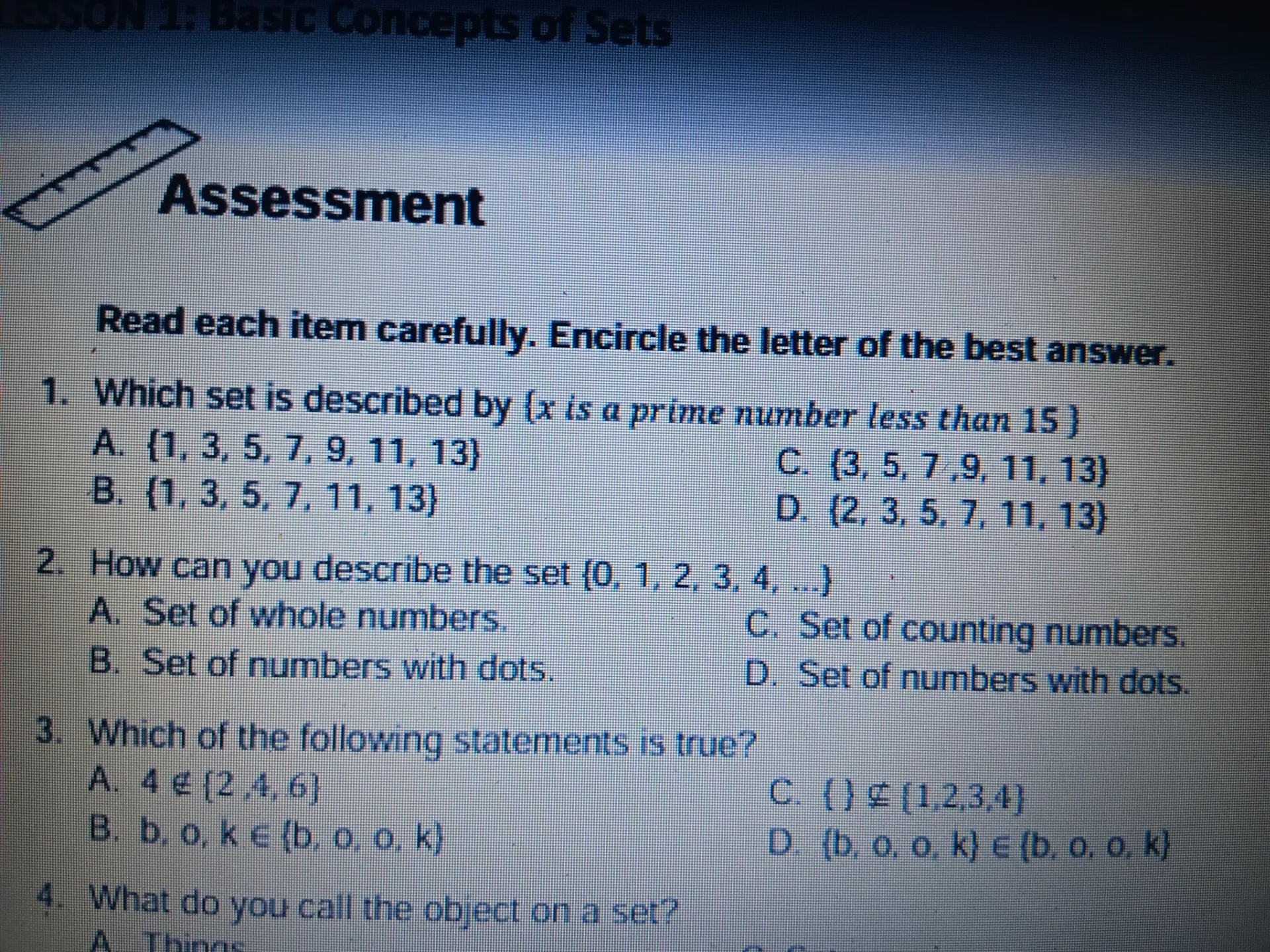 LESSON 1 Basic Concepts of Sets Assessment | StudyX