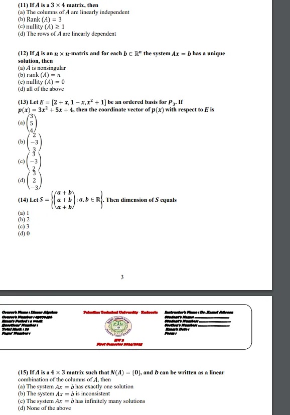 (11) If A is a 3 4 matrix then (a) The | StudyX