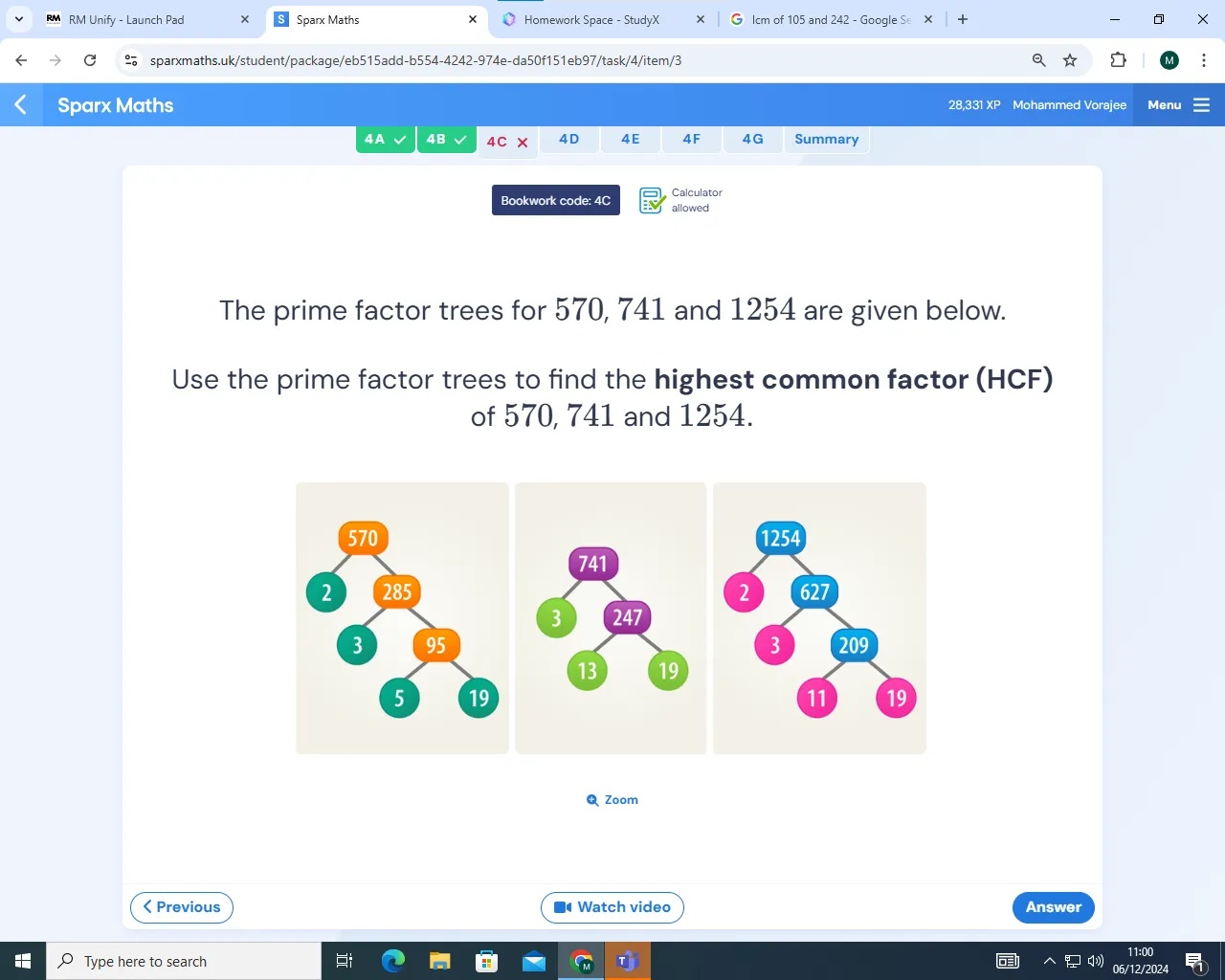 The prime factor trees for 570 741 and 1254