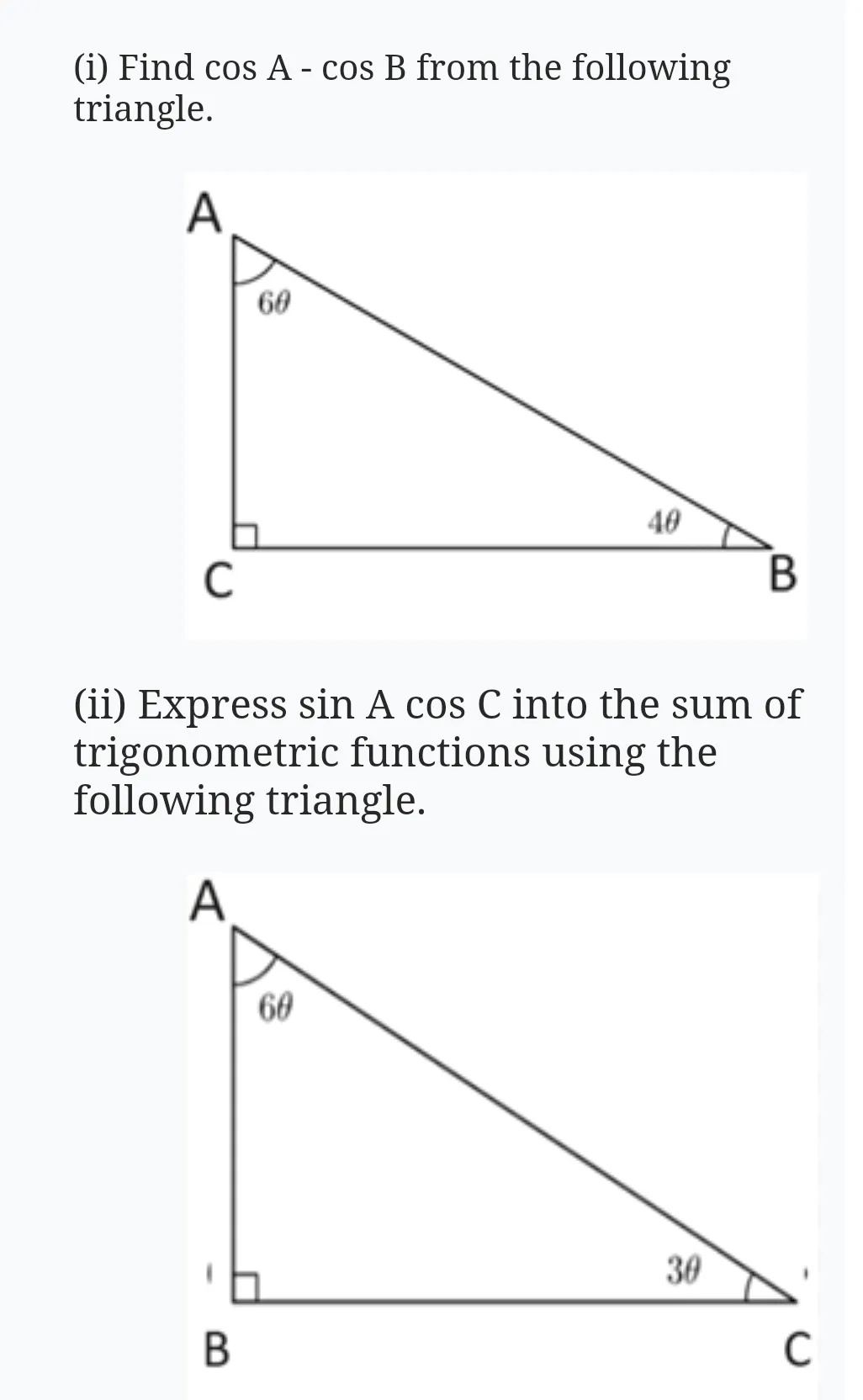 (i) Find cos A - cos B from the following