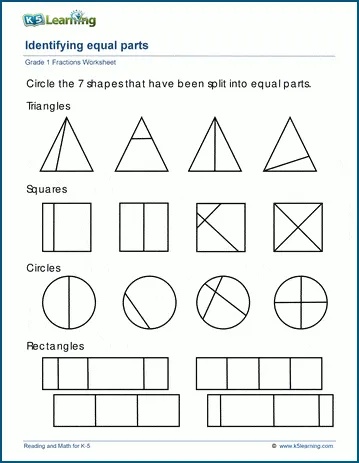 Identifying equal parts Grade 1 Fractions | StudyX