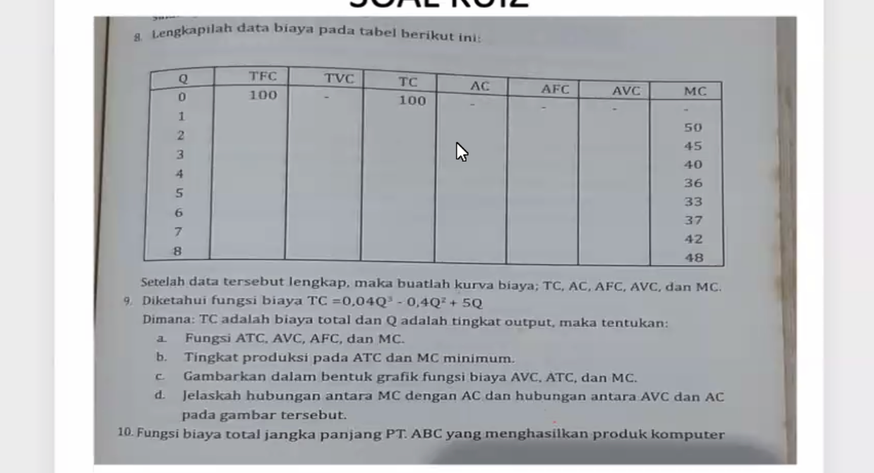 8 Lengkapilah data biaya pada tabel berikut ini Q TFC TVC TC AC AFC AVC ...