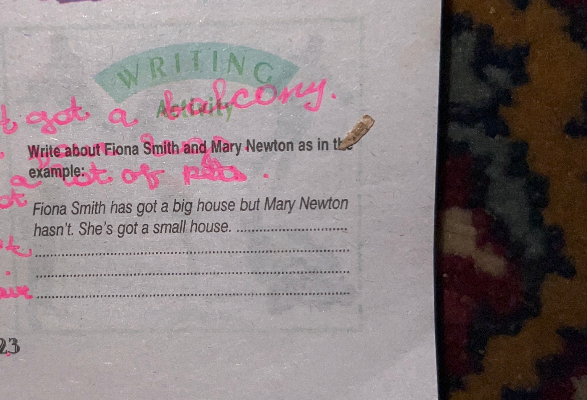 WRITING I got a balcony Write about Fiona | StudyX