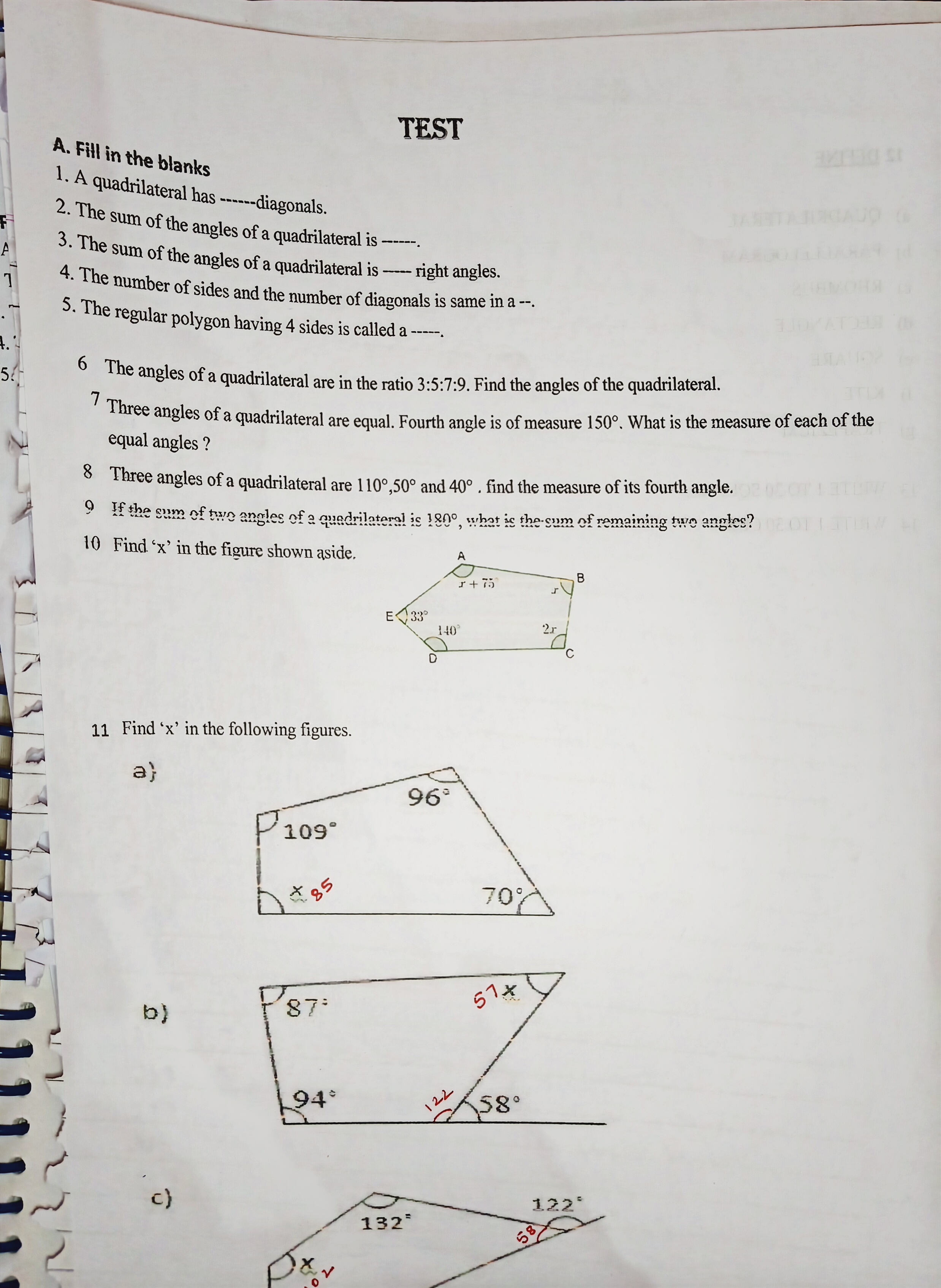 TEST A Fill in the blanks 1 A quadrilateral | StudyX