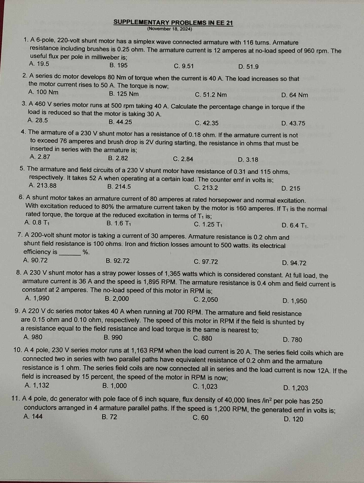 SUPPLEMENTARY PROBLEMS IN EE 21 November 18 | StudyX