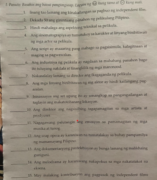 1 Panuto Basahin ang bawat pangungusap Lagyan | StudyX