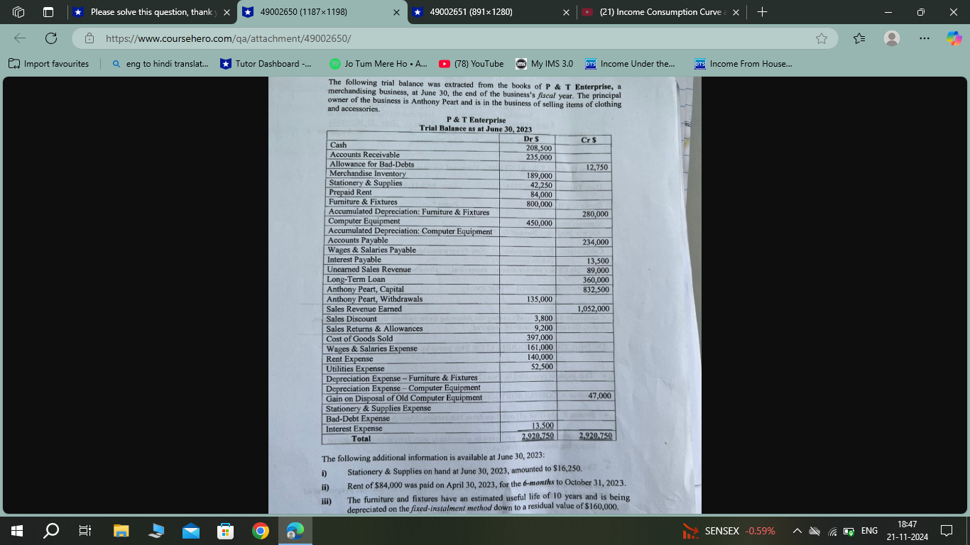 The following trial balance was extracted | StudyX