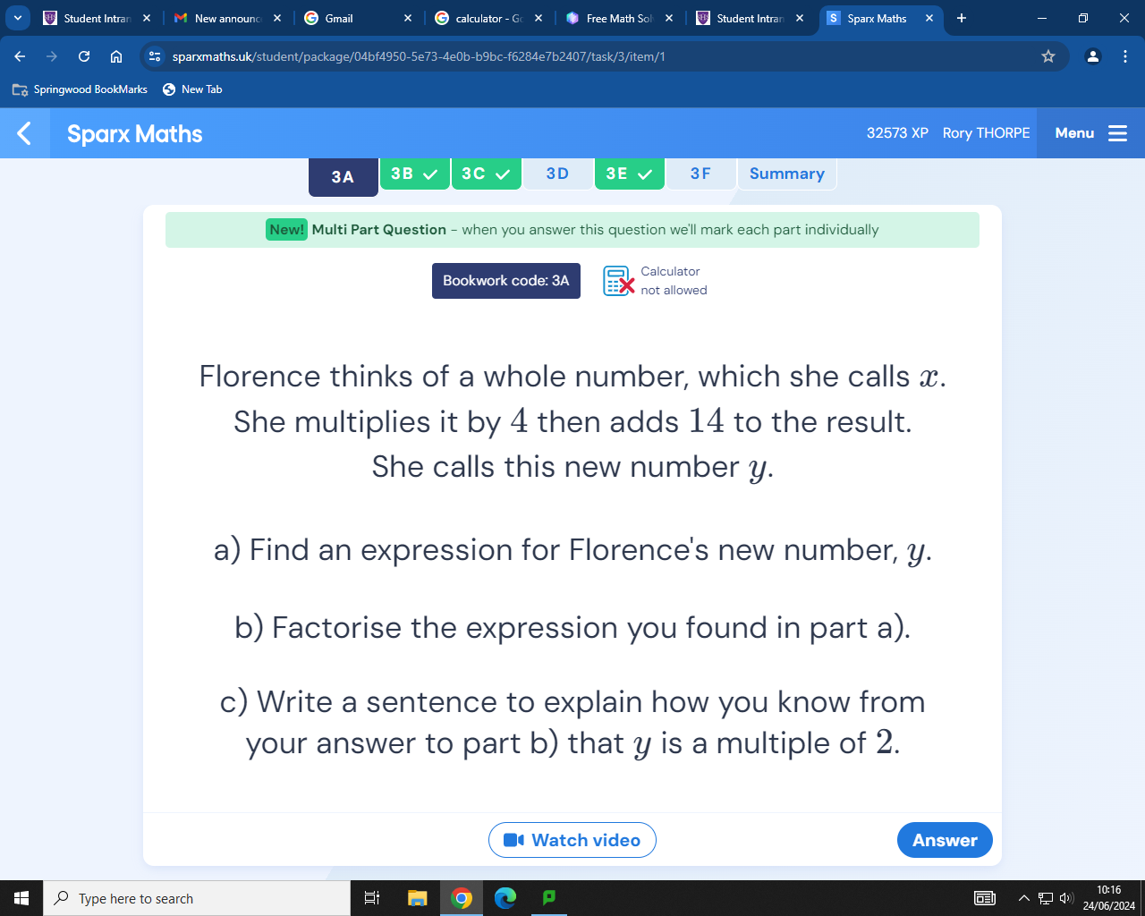 Sparx Maths 32573 XP Rory THORPE Menu 3 A | StudyX