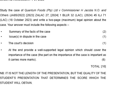 Study the case of Quantum Foods (Pty) Ltd v