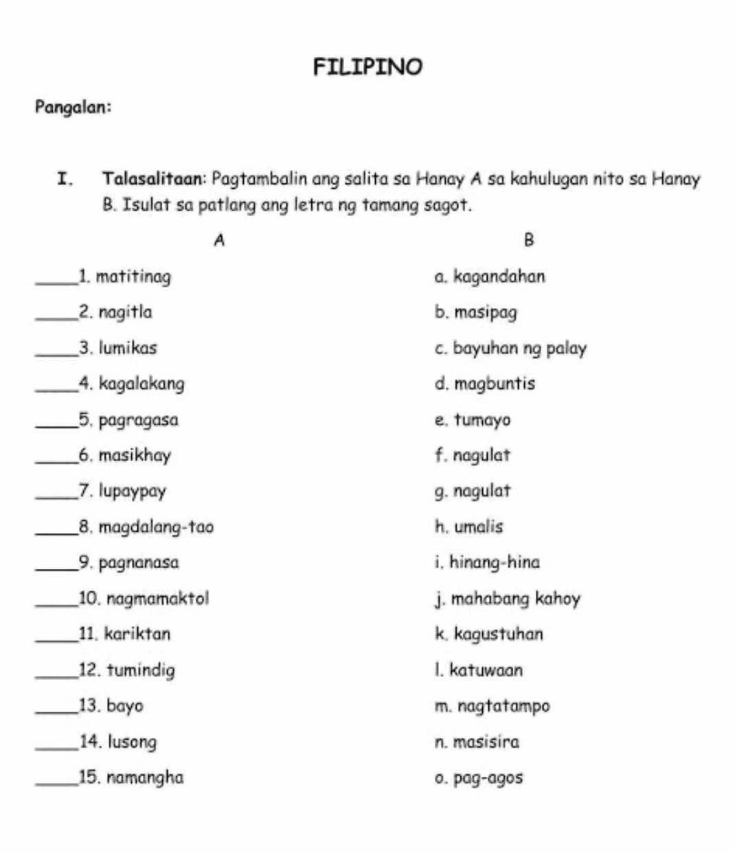 FILIPINO Pangalan: I. Talasalitaan: | StudyX