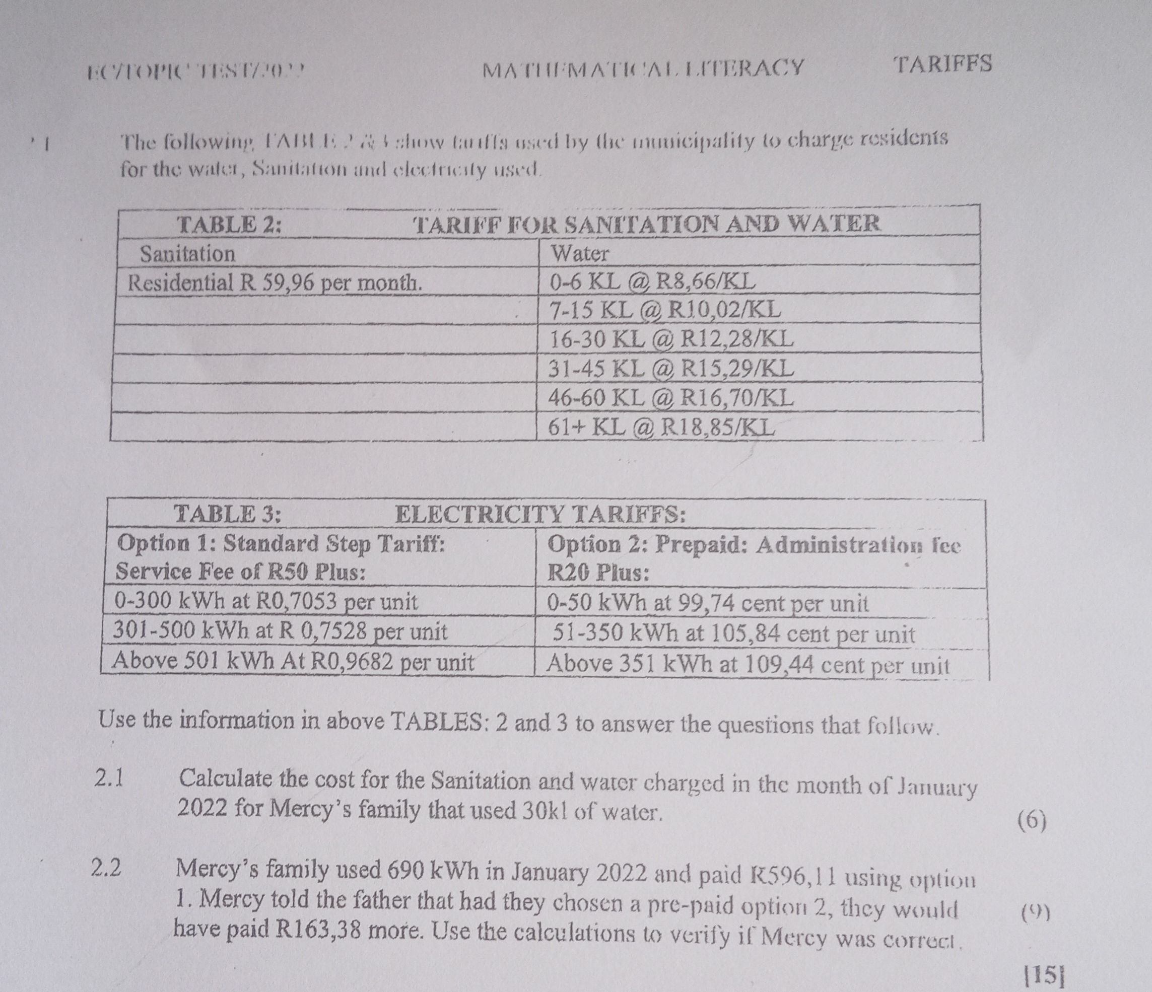 The following tables show tariffs used by | StudyX