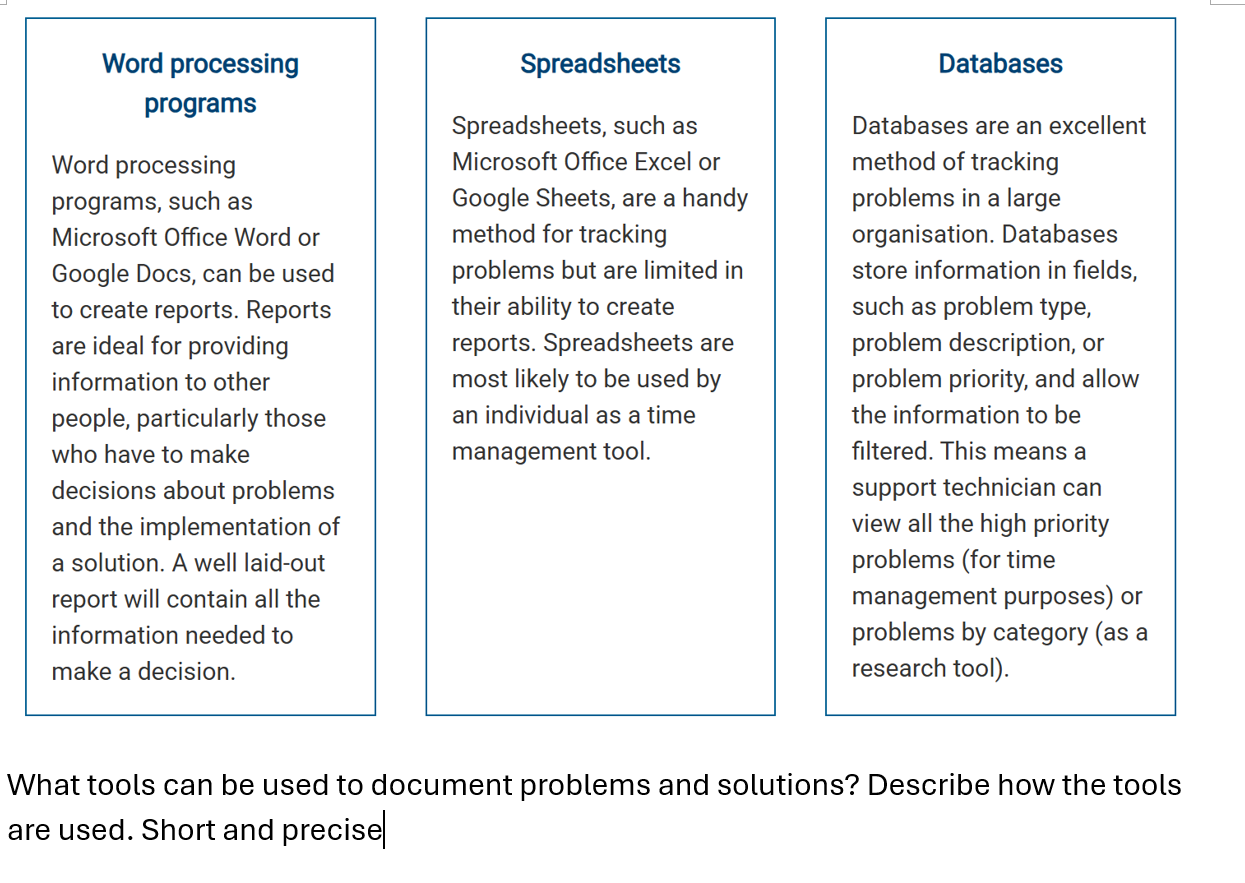What tools can be used to document problems | StudyX