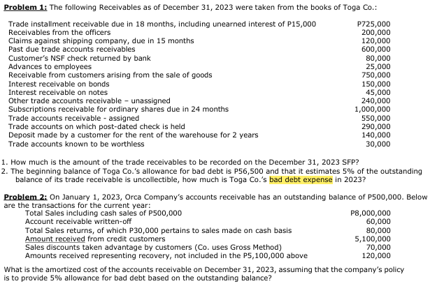 Problem 1: The following Receivables as of | StudyX