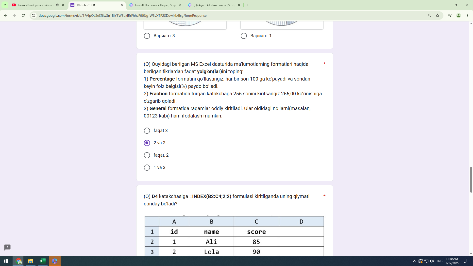(Q) Quyidagi berilgan MS Excel dasturida | StudyX