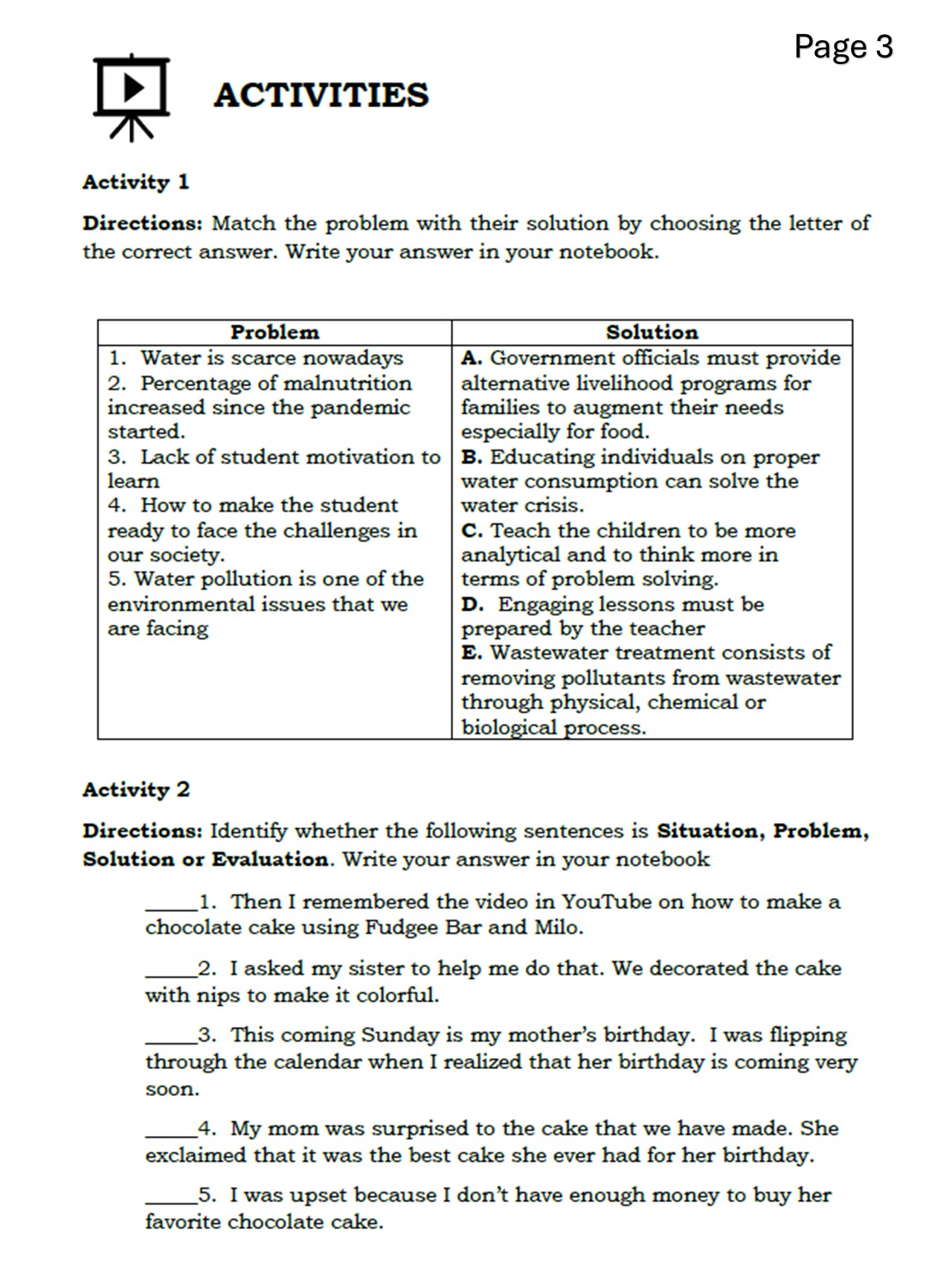 Activity 1 Directions: Match the problem | StudyX