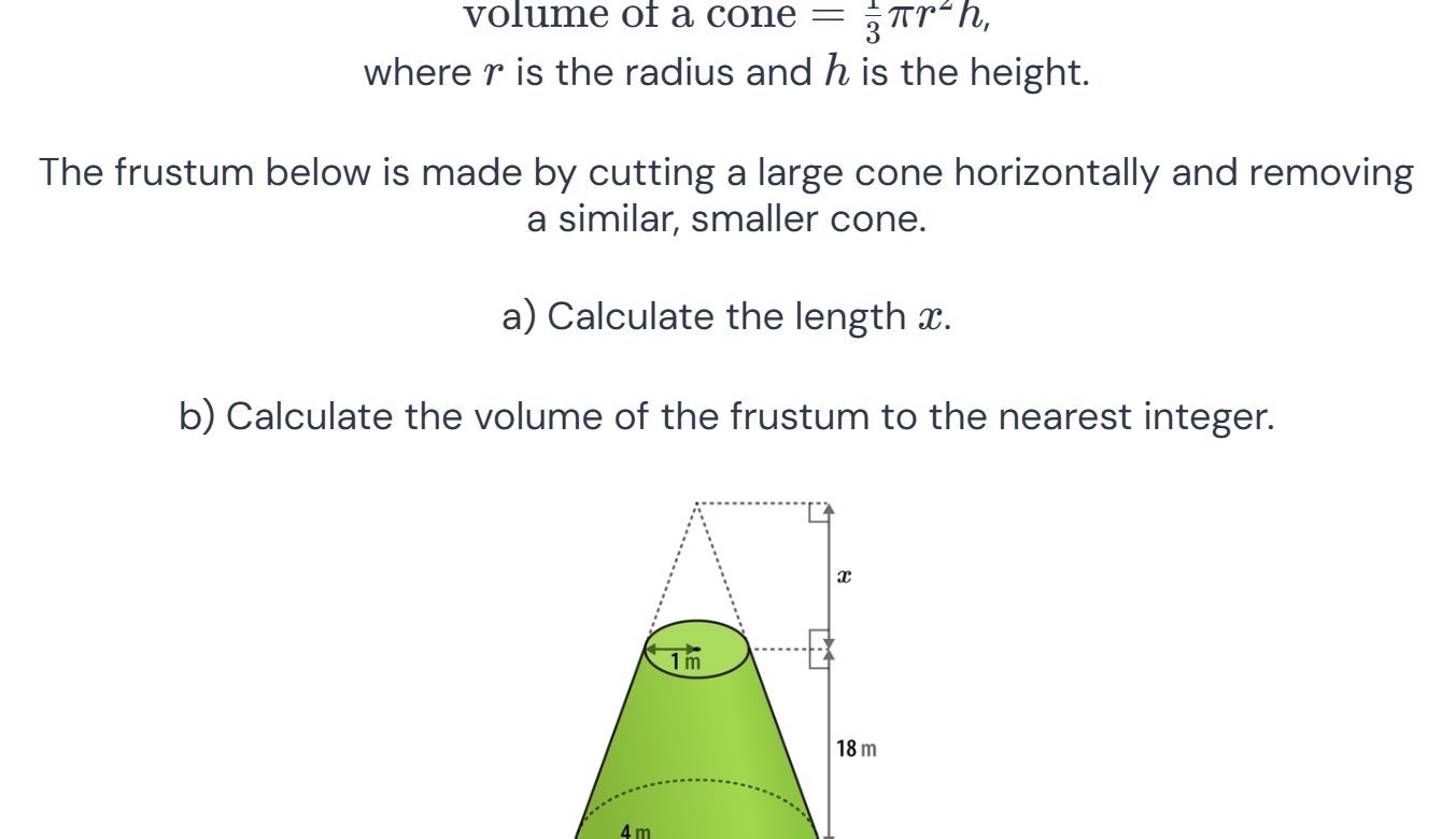 volume of a cone = {1}{3} r^2 h, where r | StudyX