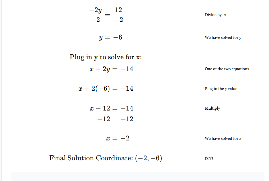 Solve the system of equations $x + 2y = -14$ | StudyX