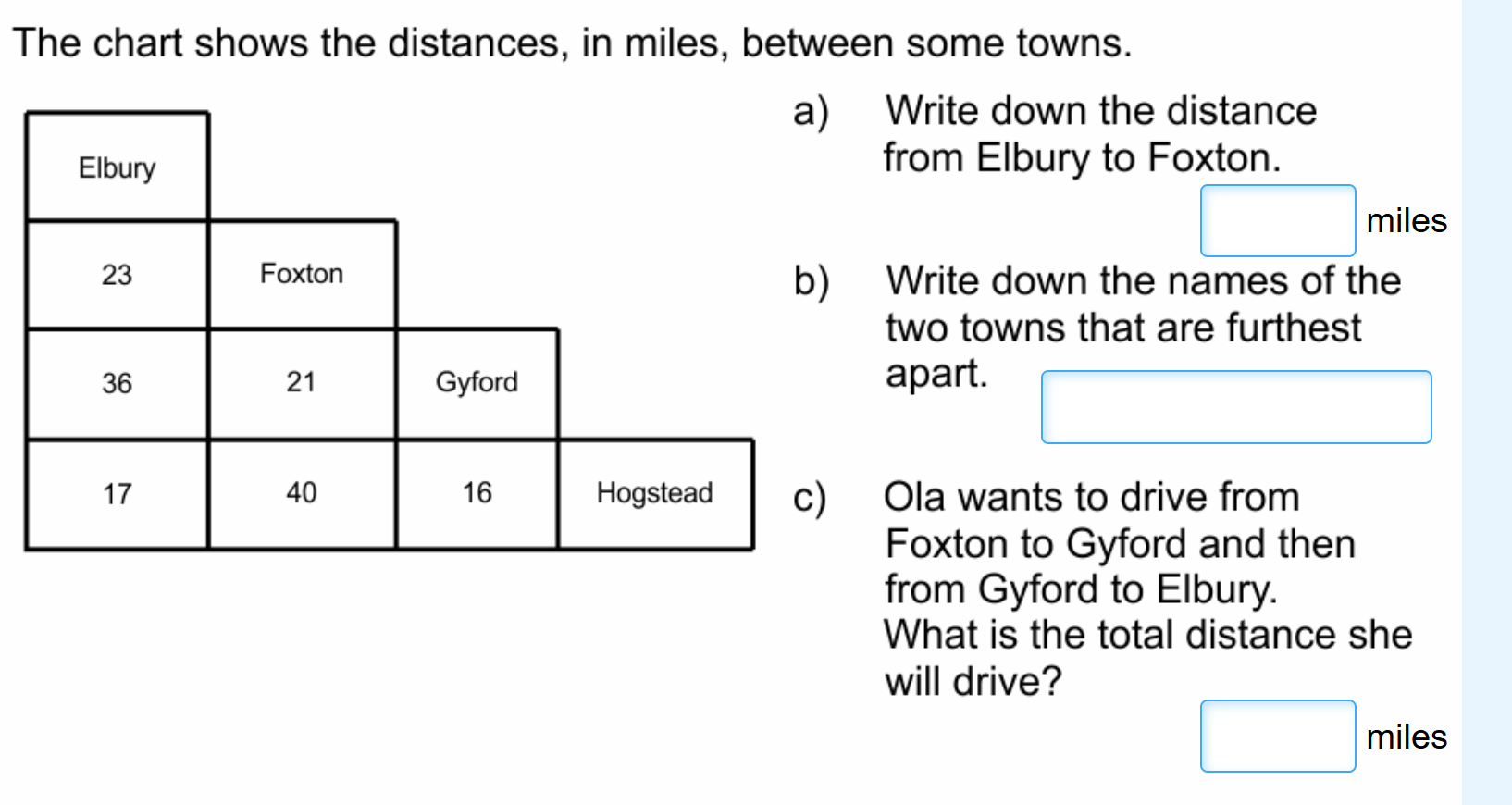 The chart shows the distances, in miles, | StudyX