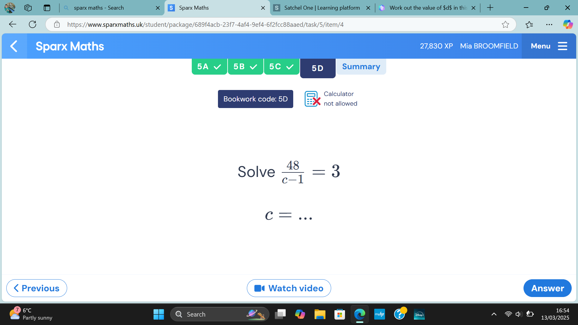 Solve for c: 48/(c-1) = 3 | StudyX