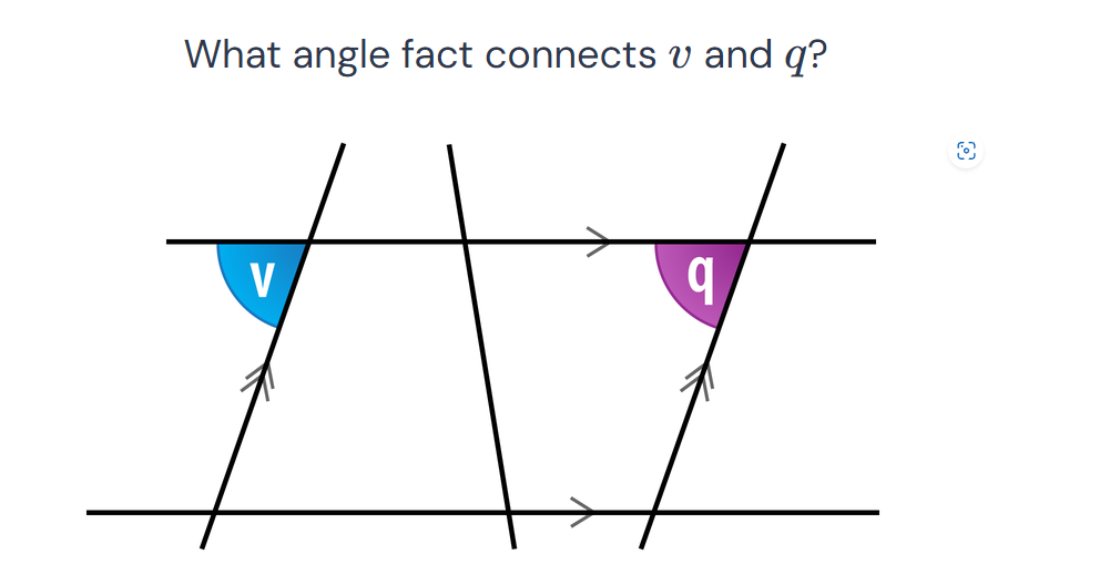 What angle fact connects $v$ and $q$? The | StudyX