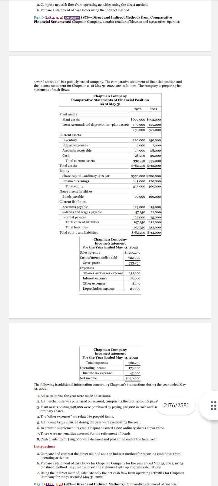 a. Compute net cash flow from operating | StudyX