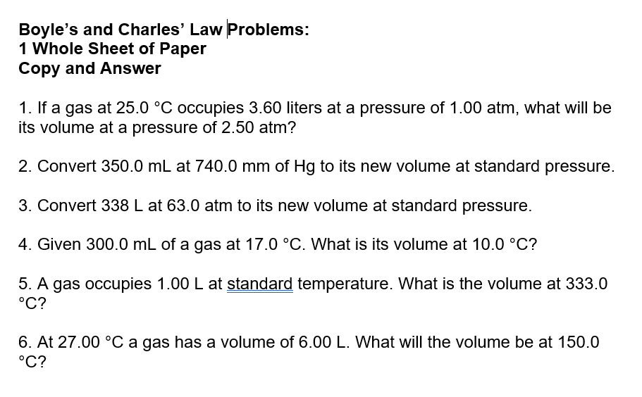 Boyle's and Charles' Law Problems: 1. If a | StudyX