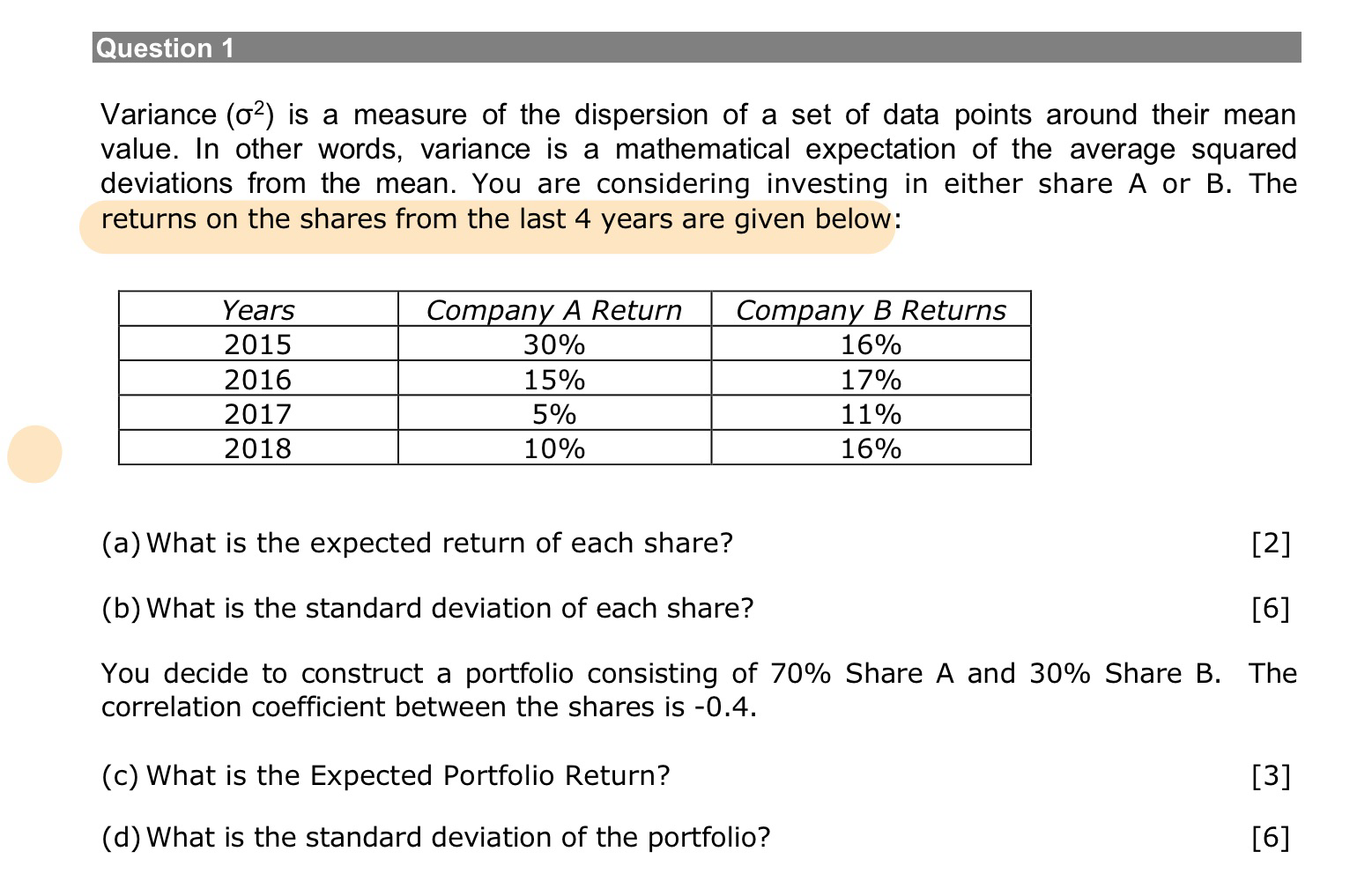 Question 1 Variance ($ ^2$) is a measure of | StudyX