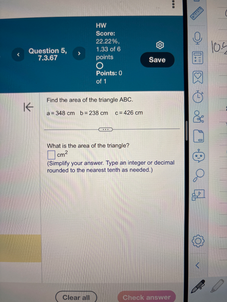Find the area of the triangle ABC. a = 348 | StudyX