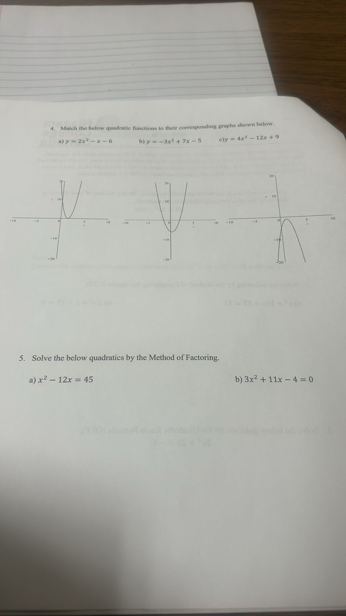 4. Match the below quadratic functions to | StudyX