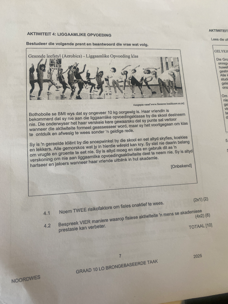 4.1 Noem TWEE risikofaktore om fisies | StudyX