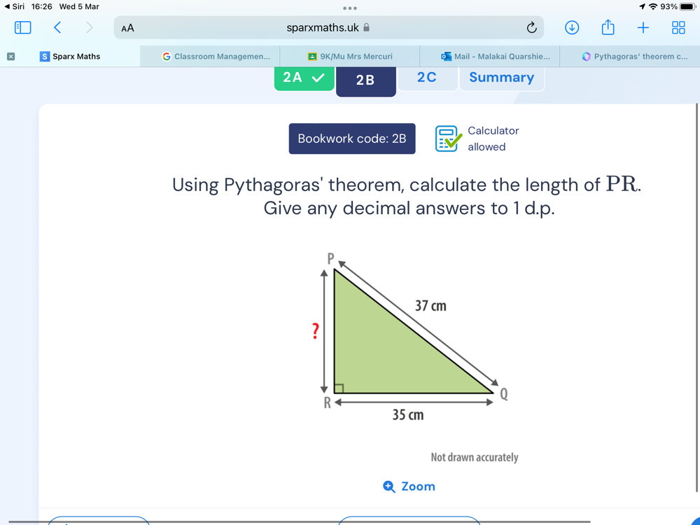 Using Pythagoras' theorem, calculate the | StudyX
