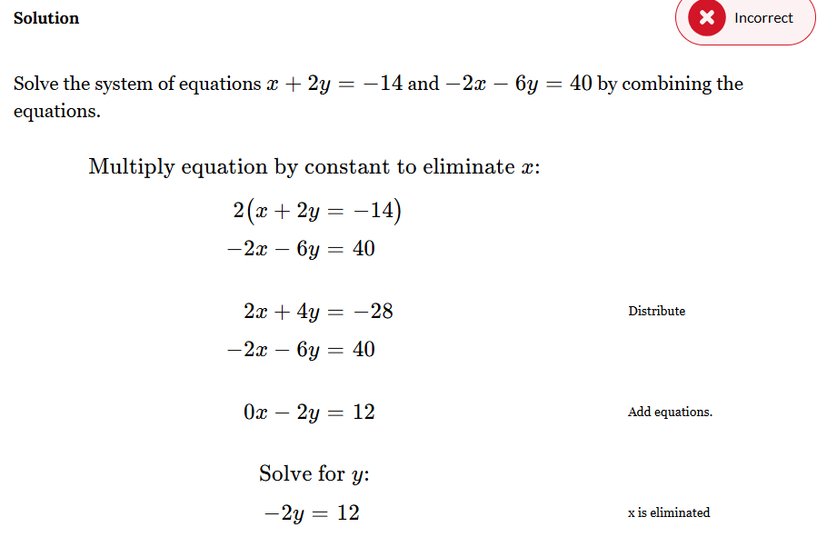 Solve the system of equations $x + 2y = -14$ | StudyX