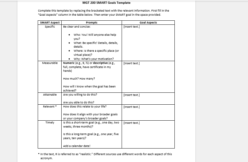 MGT 200 SMART Goals Template Complete this | StudyX