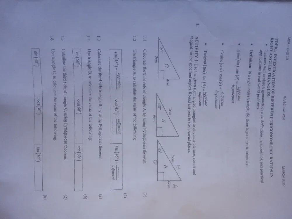 Definition. In a right angles triangle, the | StudyX