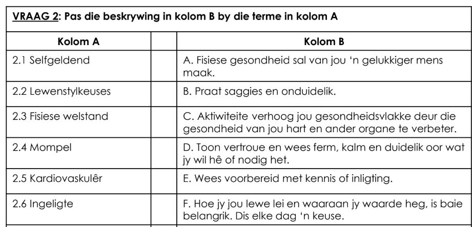 VRAAG 2: Pas die beskrywing in kolom B by | StudyX