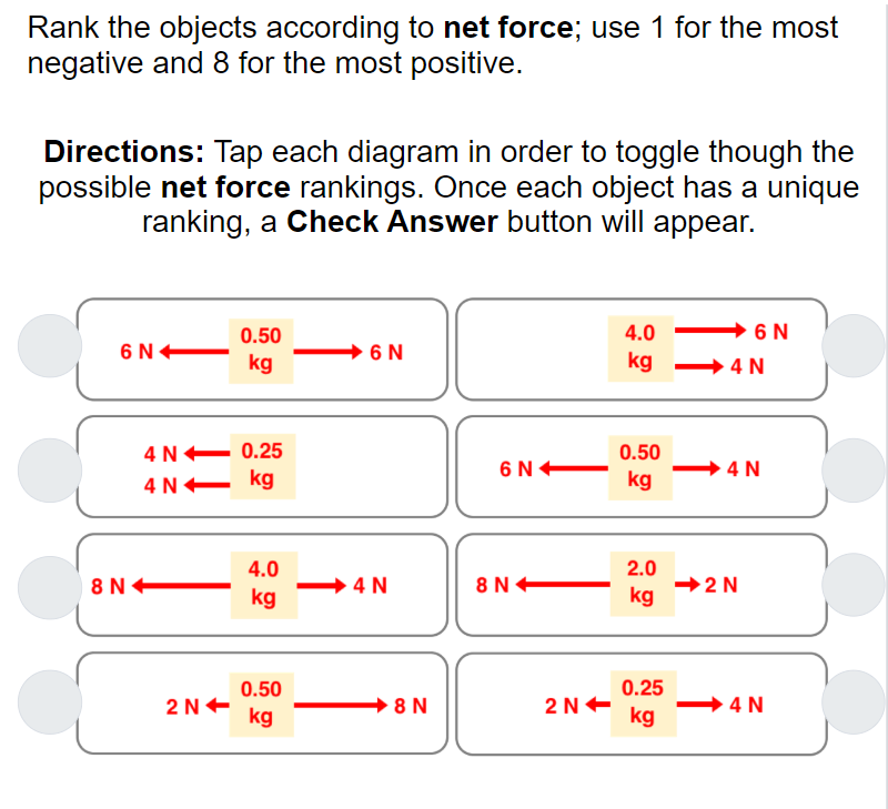 Rank the objects according to net force; use | StudyX